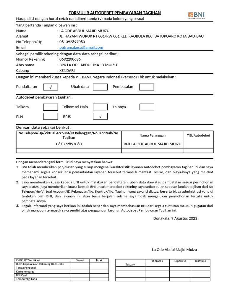 FORMULIR AUTODEBET PEMBAYARAN TAGIHAN | PDF