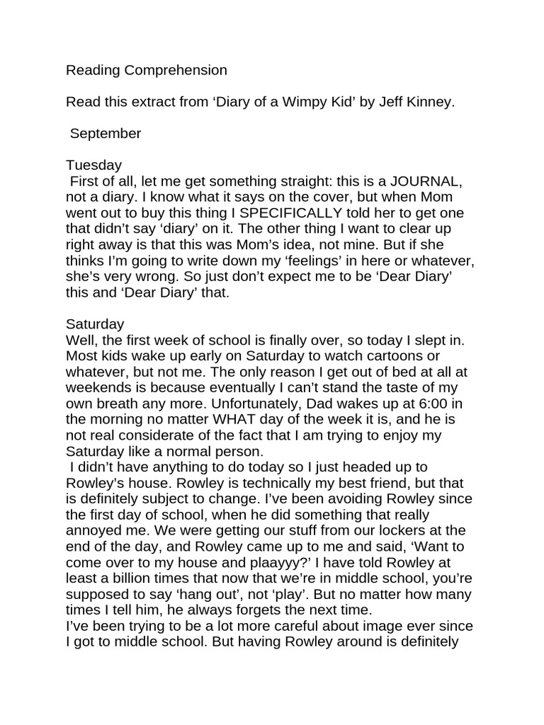 Diary of a Wimpy Kid: Reading Extract | PDF