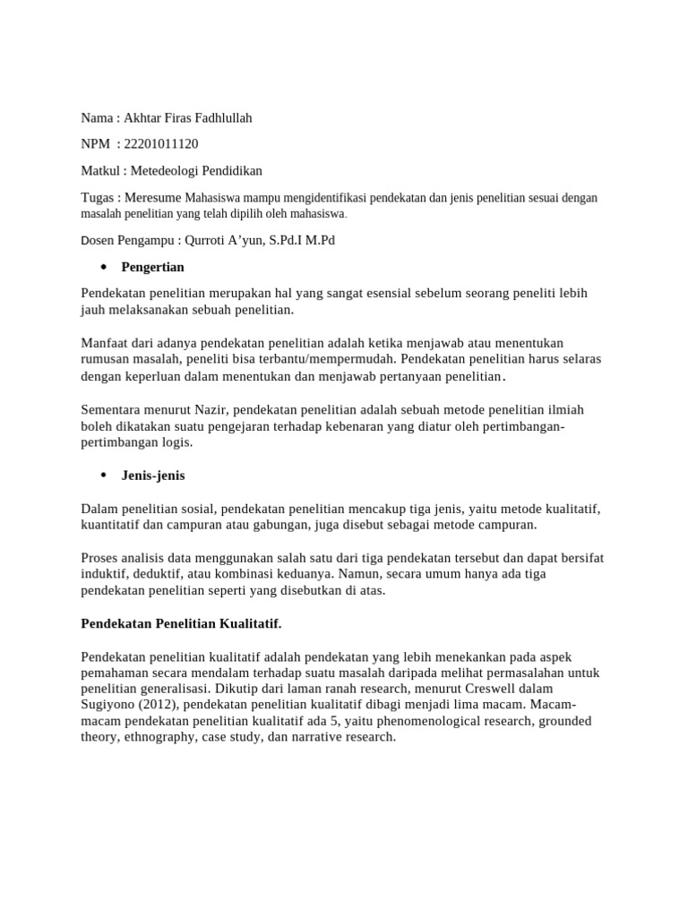 Resume pendekatan dan jenis penelitian | PDF