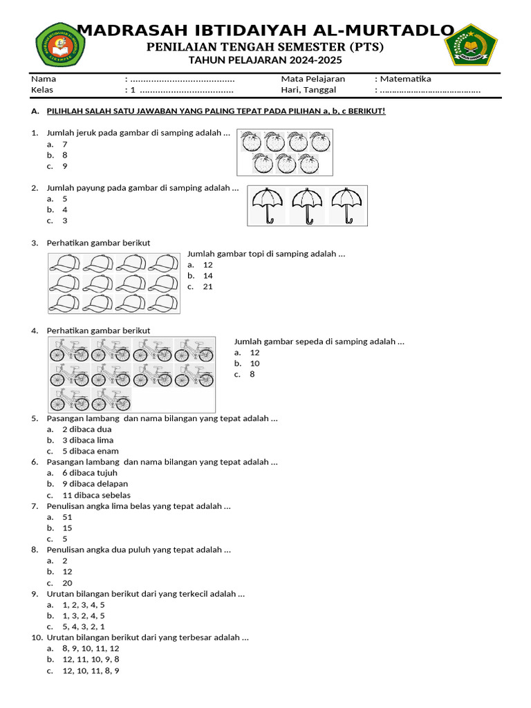 Soal Uts MTK Kelas 1 Sem 1 | PDF