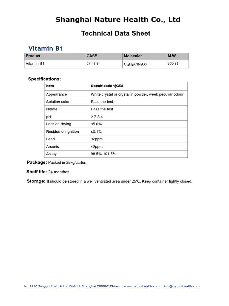 Vitamin B1 Technical Specifications | PDF