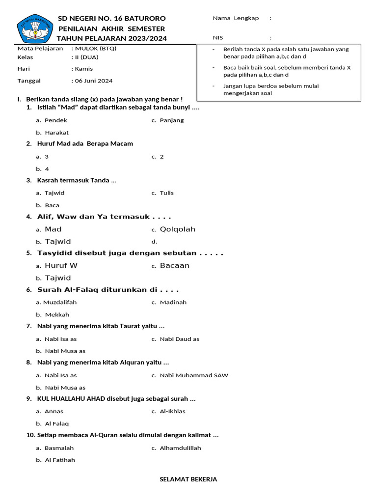 Soal BTQ Kelas 2 | PDF