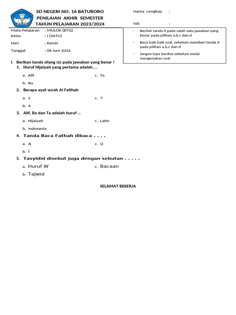 Soal Btq Kelas 1 | PDF