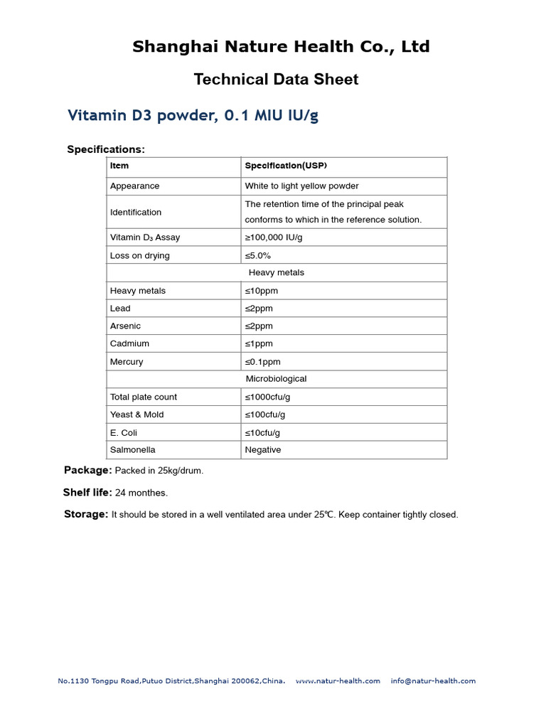 TDS of Vitamin D3 Powder | PDF