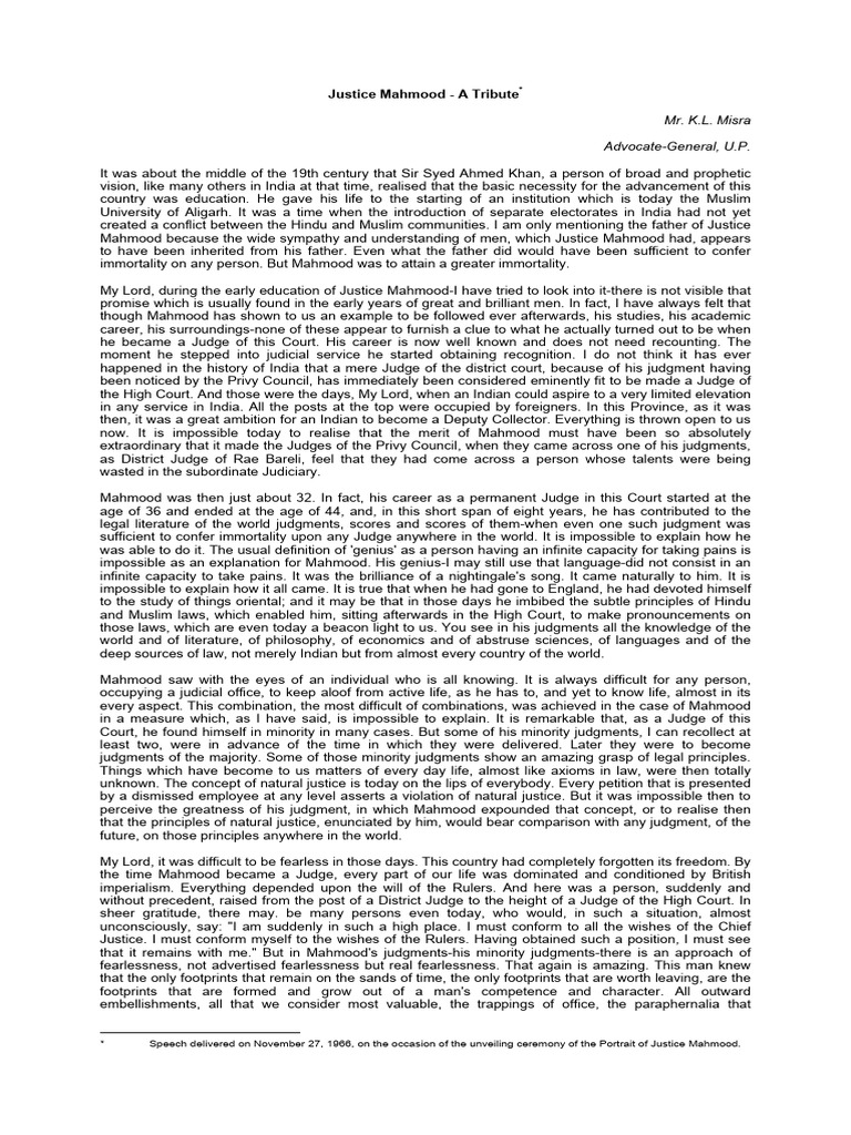 Justice Mahmood A Tribute KLM Is Ra | PDF | Judge | Judgment (Law)