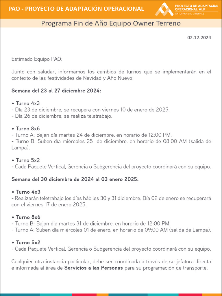 Circular SSPP - Programa Turnos Fin de Año | PDF