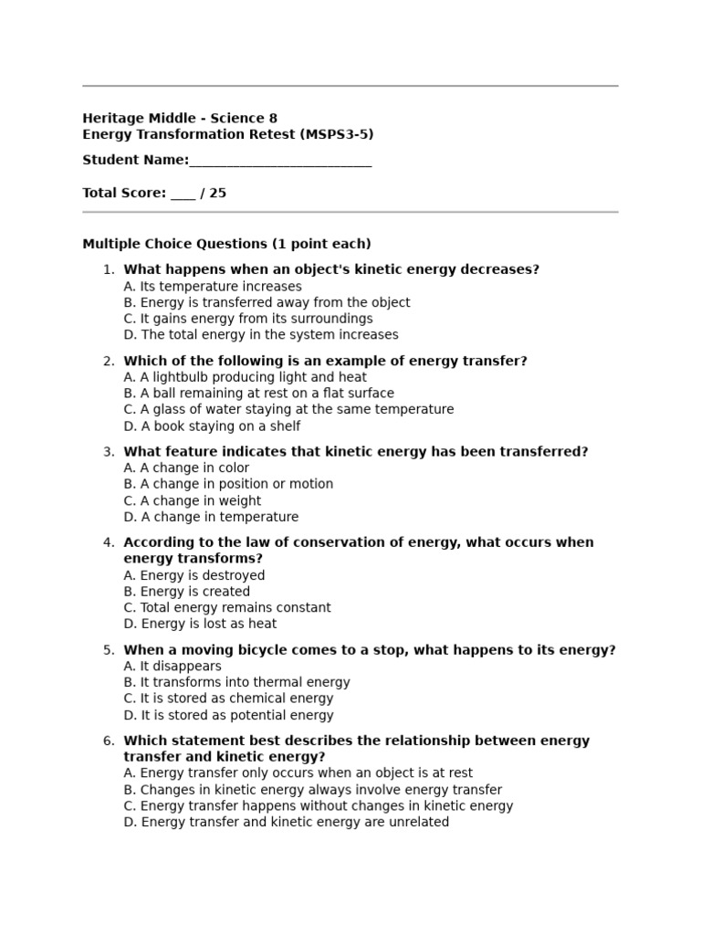 Energy Transformation Retest | PDF | Kinetic Energy | Heat