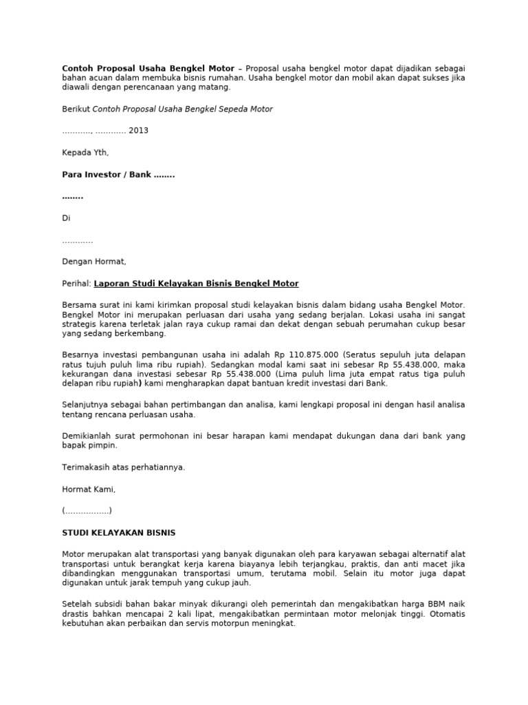 Proposal Usaha Bengkel Motor 2023 | PDF