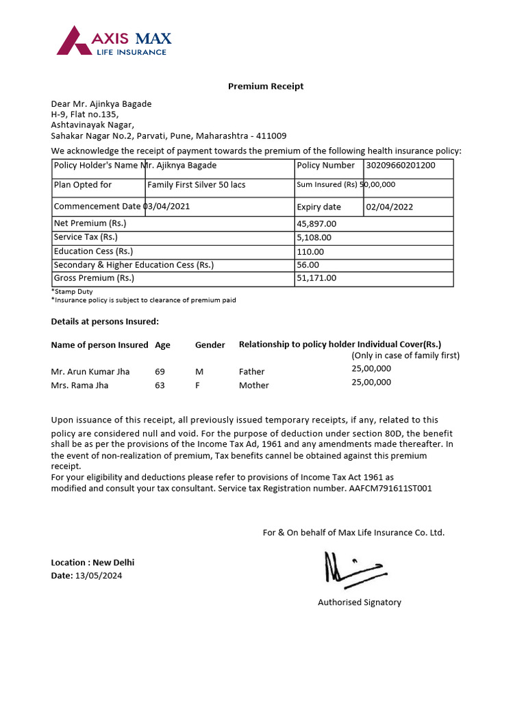 Medical Insurance Premium Receipt Family PDF | PDF