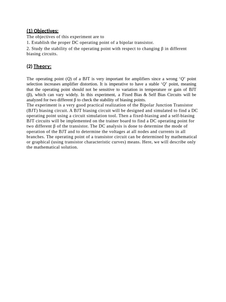 Exp6_Study of BJT Biasing – Fixed Bias & Self Bias Circuits | PDF ...