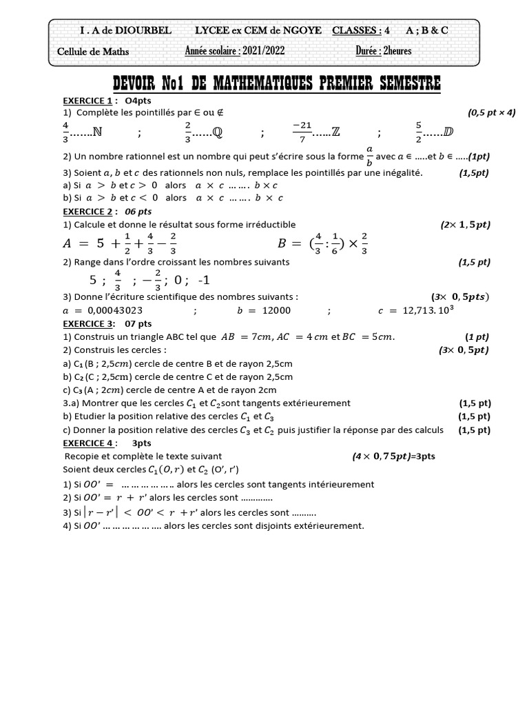 Devoir de Mathématiques : Exercices et Calculs | PDF | Nombre rationnel ...