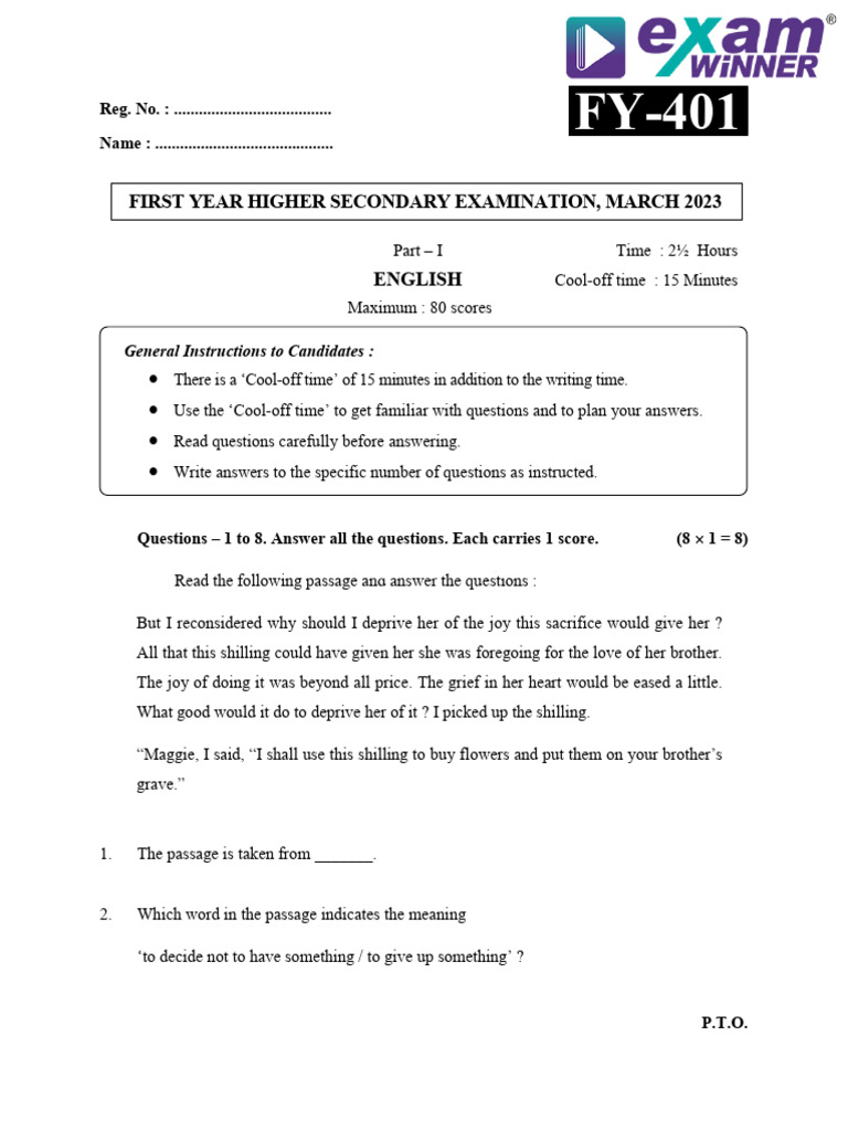 Plus One English Exam Paper March 2023 | PDF