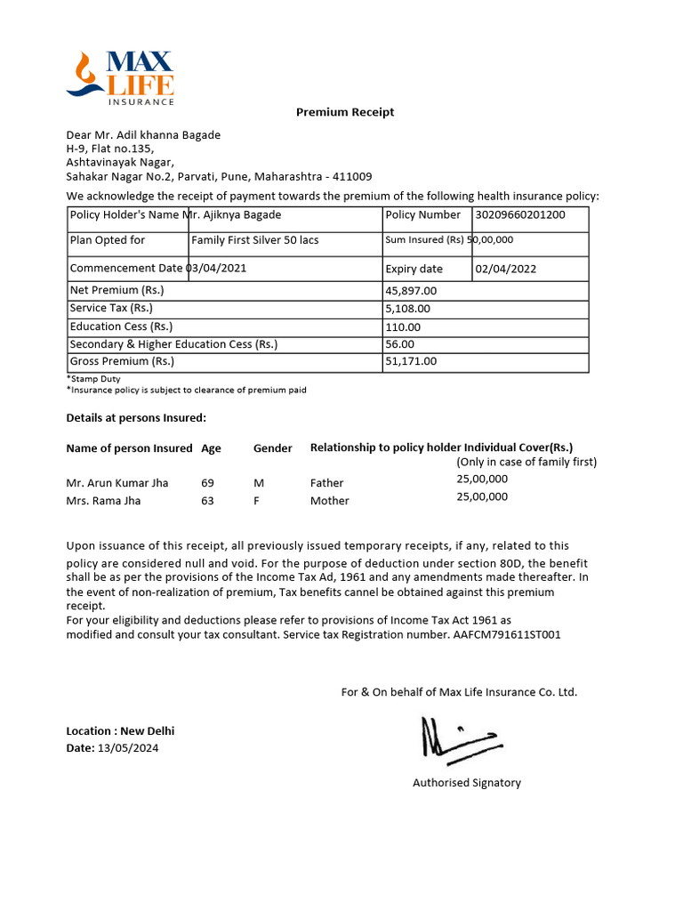 Medical Insurance Premium Receipt Family PDF | PDF
