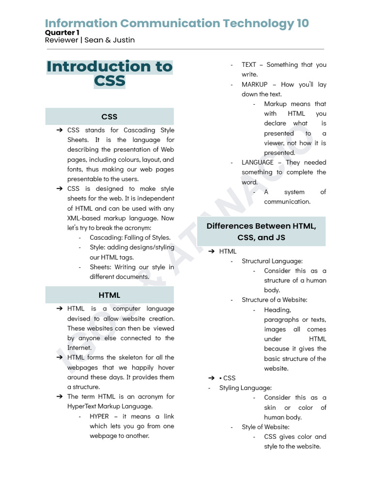 Q1: ICT 10 (CSS) - REVIEWER | PDF | Html | World Wide Web