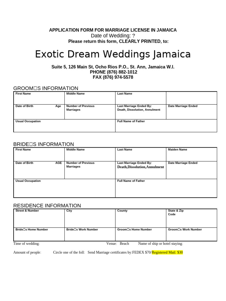 Jamaica Marriage License Application Form | PDF