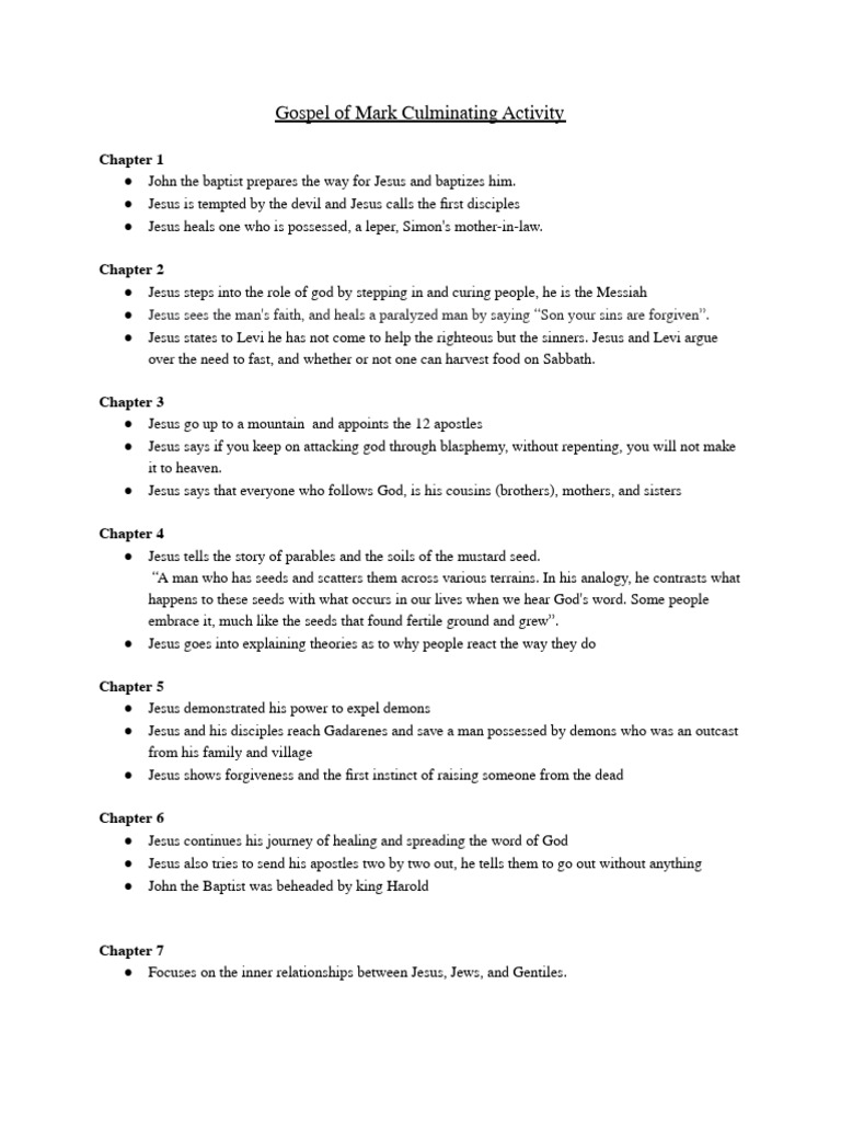 Gospel of Mark Culminating Activity | PDF | Jesus | Gospel Of Mark