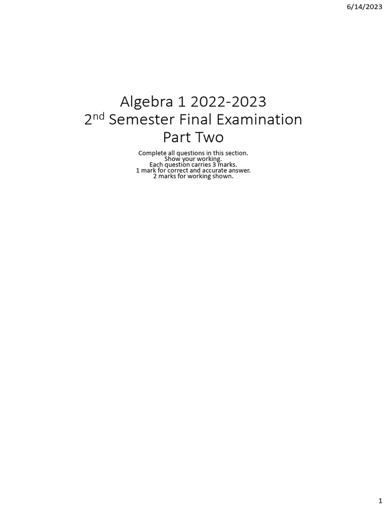 Algebra 1 2223 Semester 2 Exam Part 2 | PDF