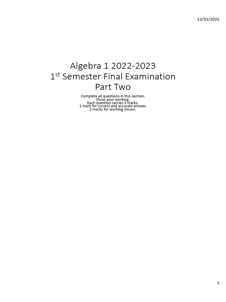 Algebra 1 2223 Semester 1 Exam Part 2 | PDF