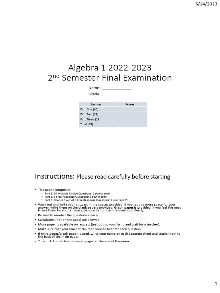 Algebra 1 2223 Semester 2 Exam Part 1 | PDF | Multiple Choice ...