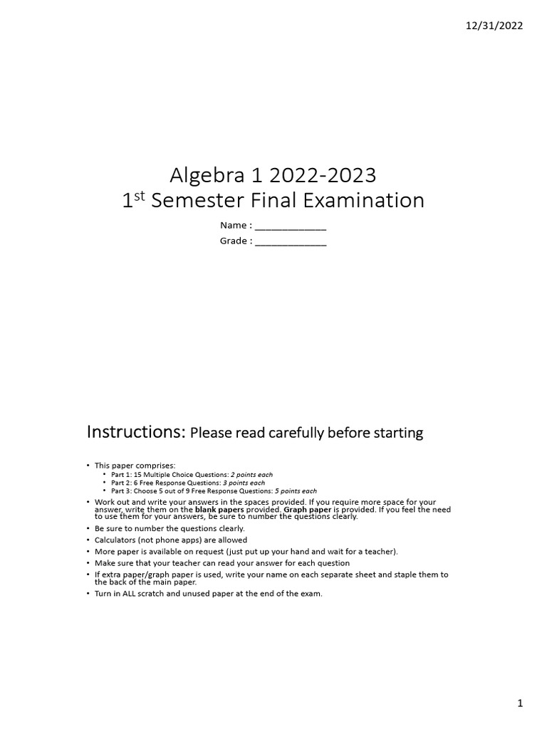 Algebra 1 1st Semester Exam 2022-2023 | PDF | Mathematical Concepts ...