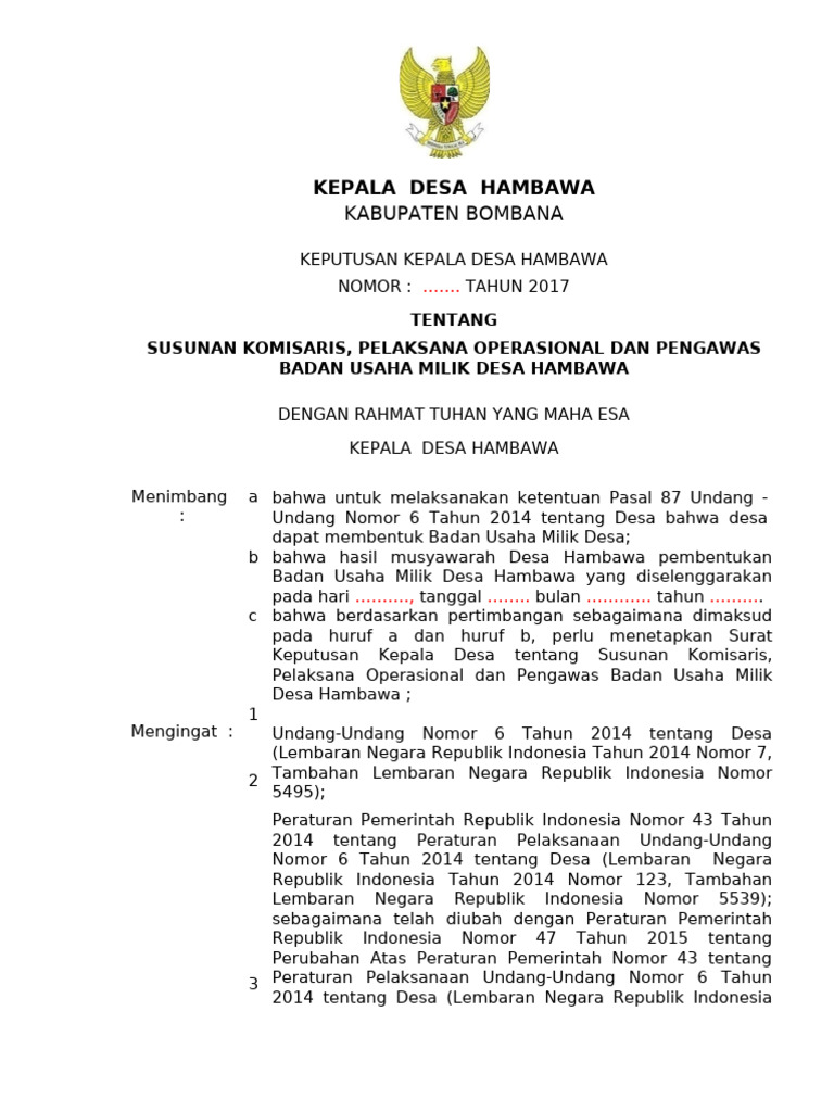 SK Komisaris, Pelak OP & Pengawas BUM Desa | PDF