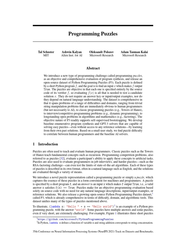 Programming Puzzles: Tal Schuster Ashwin Kalyan Oleksandr Polozov Adam Tauman Kalai | PDF ...