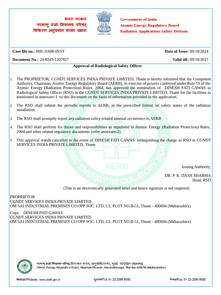 Renewed RSO Certificate - Dinesh | PDF | Radiation | Safety