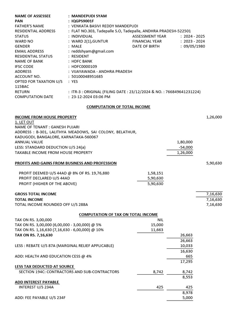 Tax Summary for Mandeepudi Syam | PDF | Taxes | Income