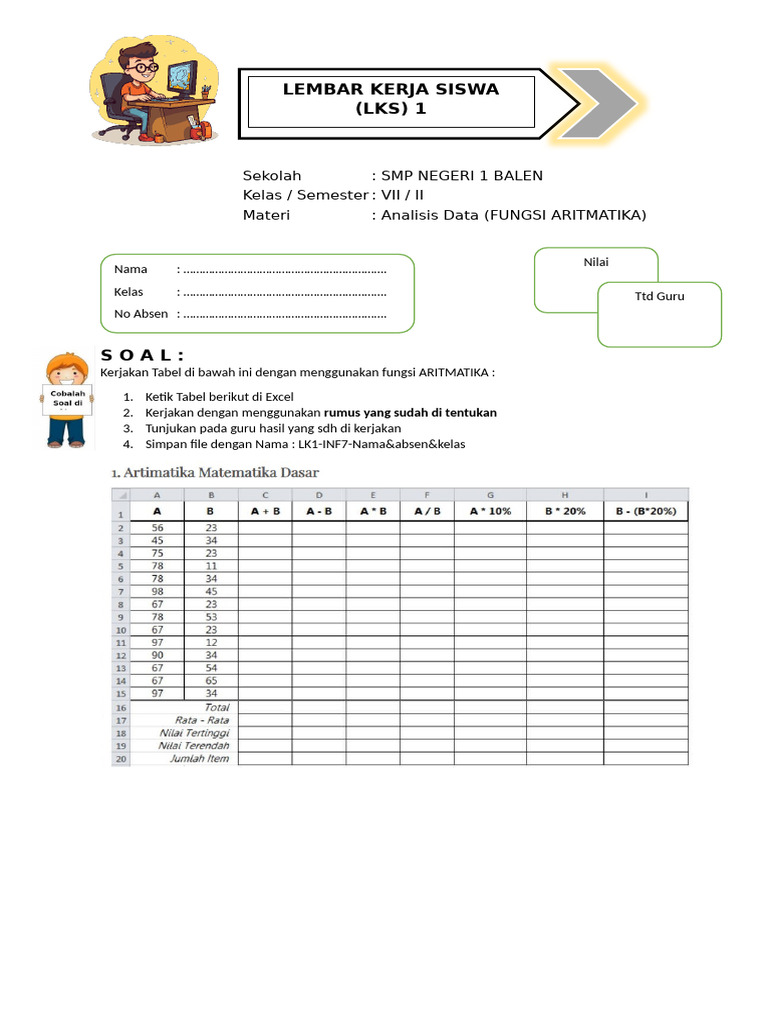 LJK 1 Siswa Informatika Kelas 7 Analisis Data - Fungsi Aritmatika | PDF