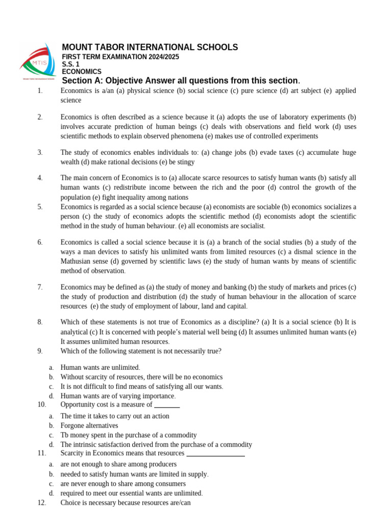 SS1 ECO_Exam | PDF | Demand | Economics