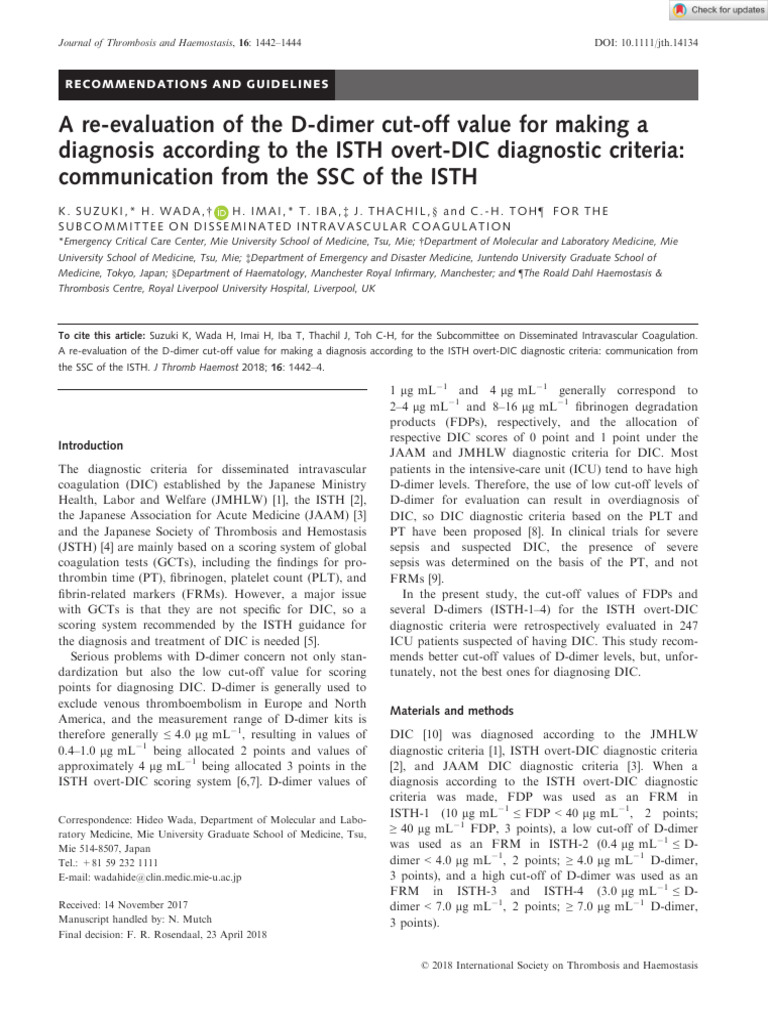 D-Dimer Cut-Off Re-evaluation for DIC | PDF | Tissue (Biology) | Hematology