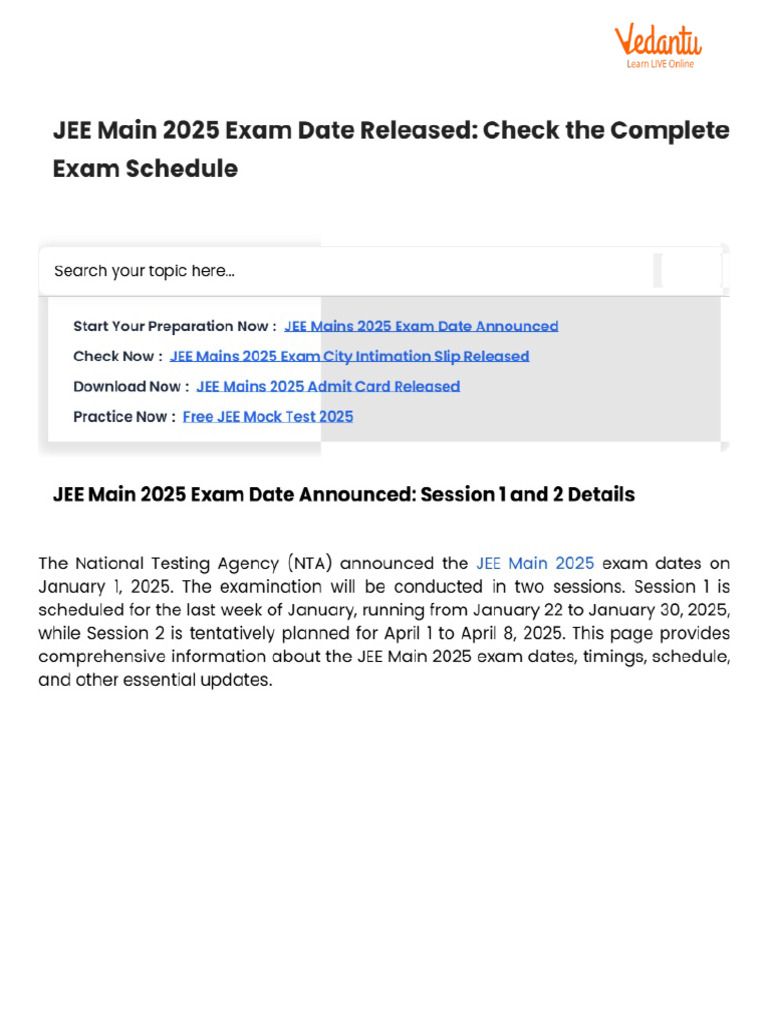 JEE Main 2025 Exam Date Released - Check The Complete Exam Schedule | PDF