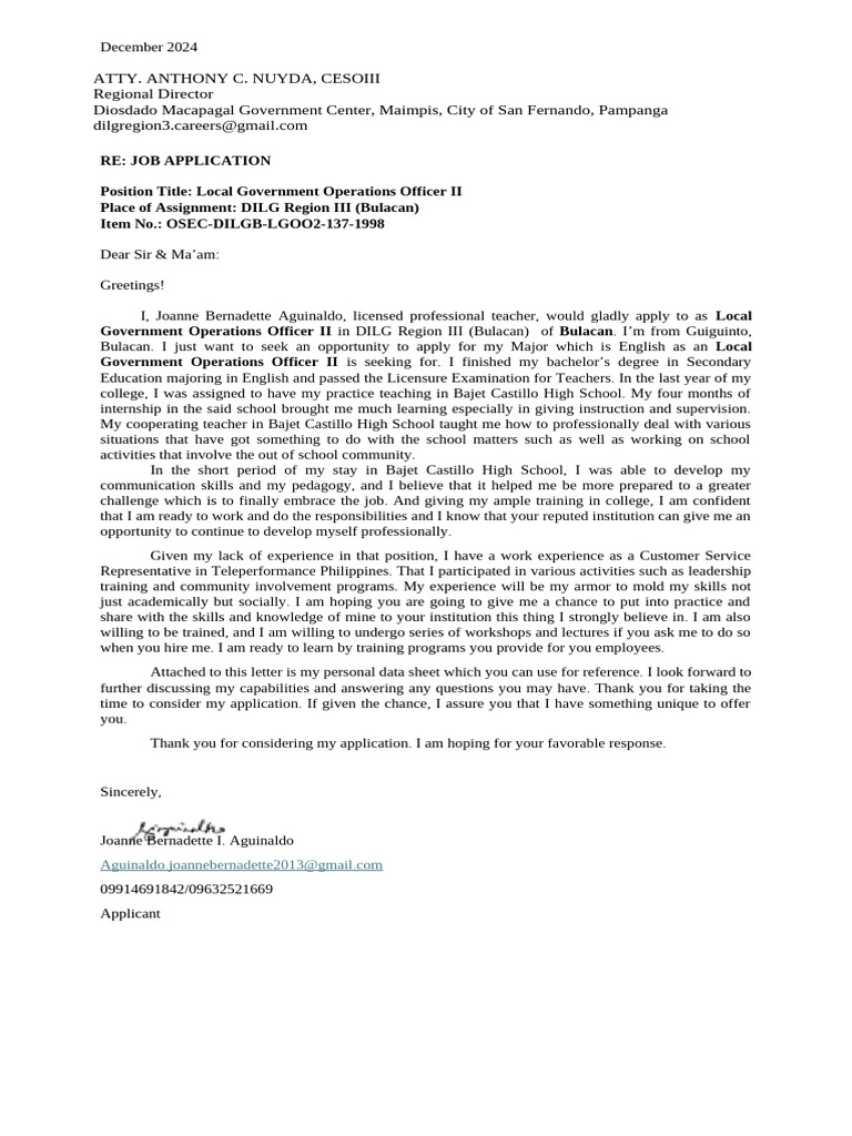 Letter of Intent DILG (Joanne Bernadette Aguinaldo) | PDF | Teachers ...