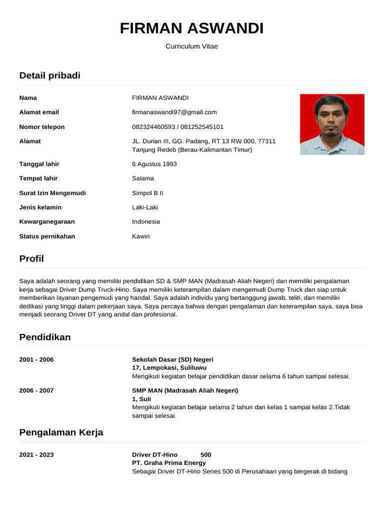 CV. Firman Aswandi (Driver DT-HINO) | PDF