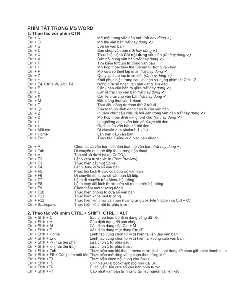 Phím tắt trong Word | PDF