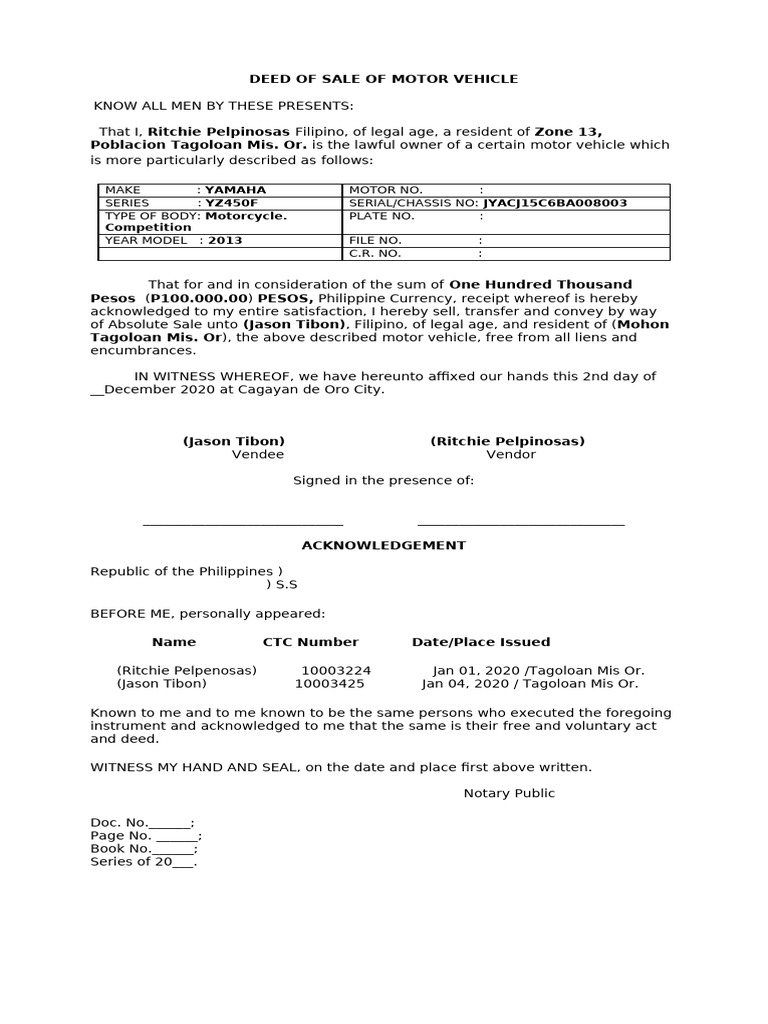 DEED OF SALE OF MOTOR VEHICLE 1 | PDF