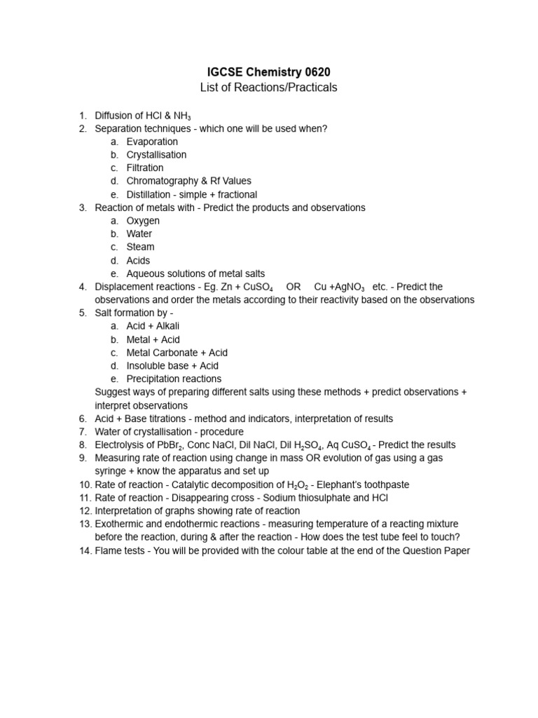IGCSE Chemistry Practicals | PDF