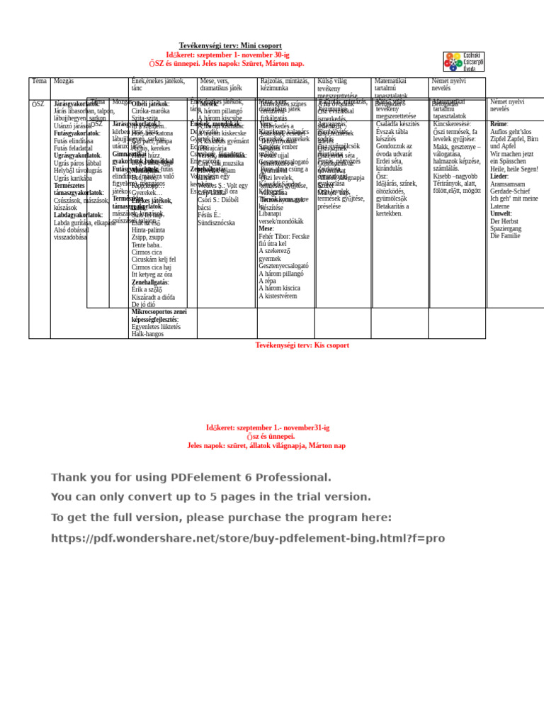 Oszi Tevekenysegi Terv | PDF