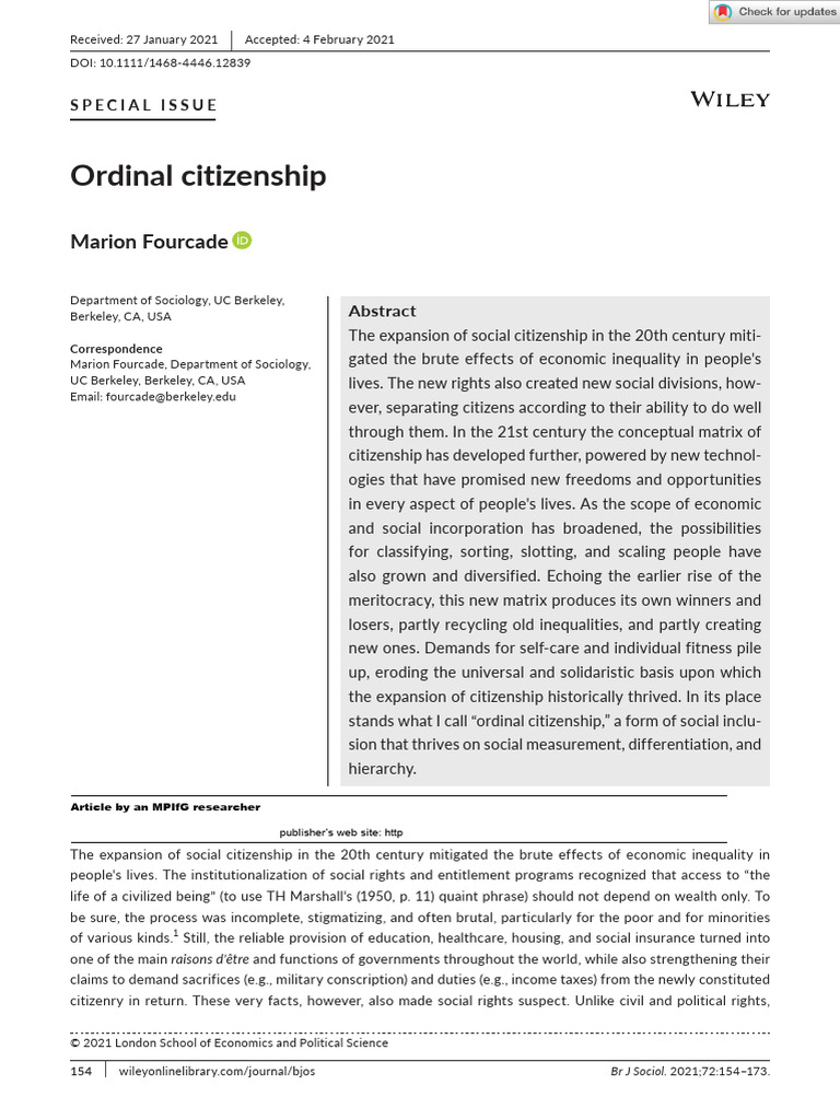 Ordinal Citizenship and Social Inequality | PDF | Meritocracy | Citizenship