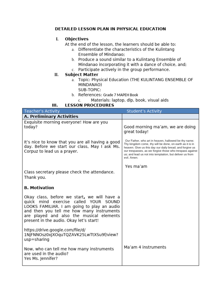 Detailed Lesson Plan in Music | PDF | Lord's Prayer | Performing Arts