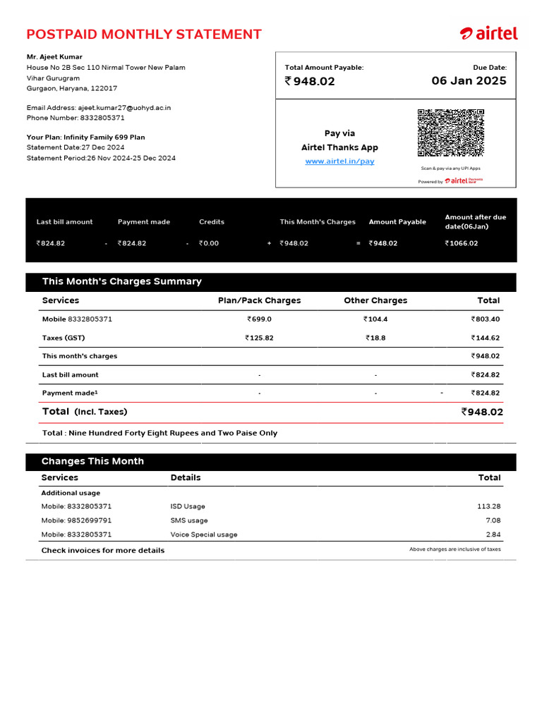 Airtel Infinity Family 699 Bill Summary | PDF | Payments | Credit Card