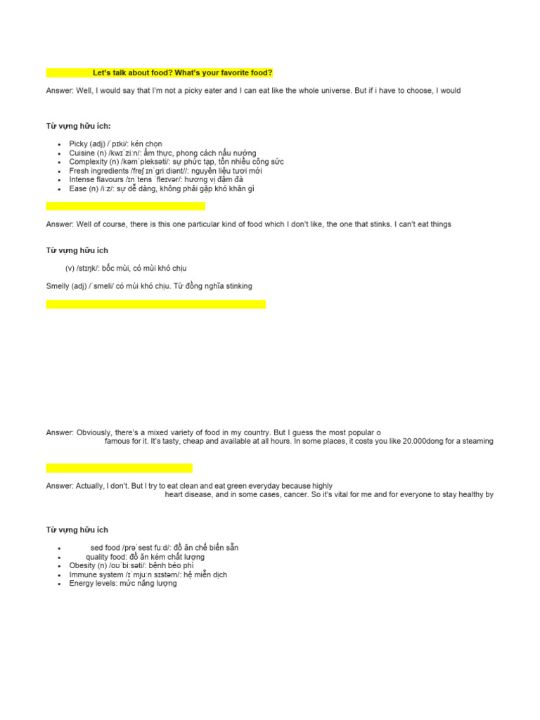 Ielts Speaking Part 1 Food Topics Pdf Vietnamese Cuisine Foods