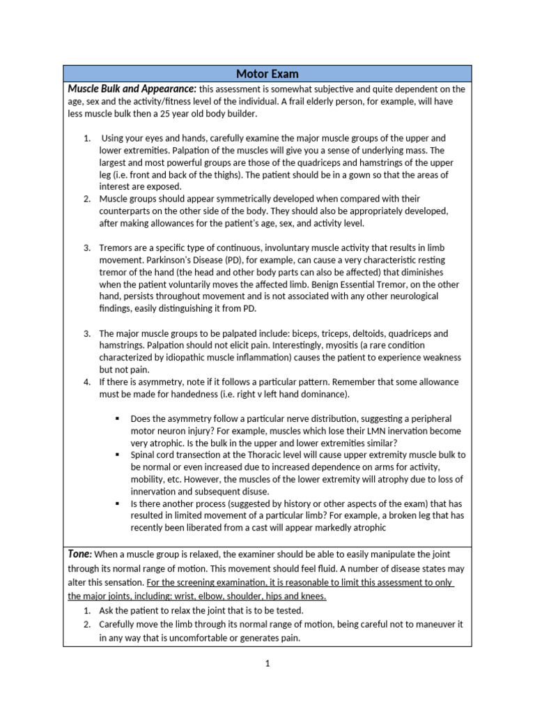 Motor Exam checklist (1) | PDF | Anatomical Terms Of Motion | Arm