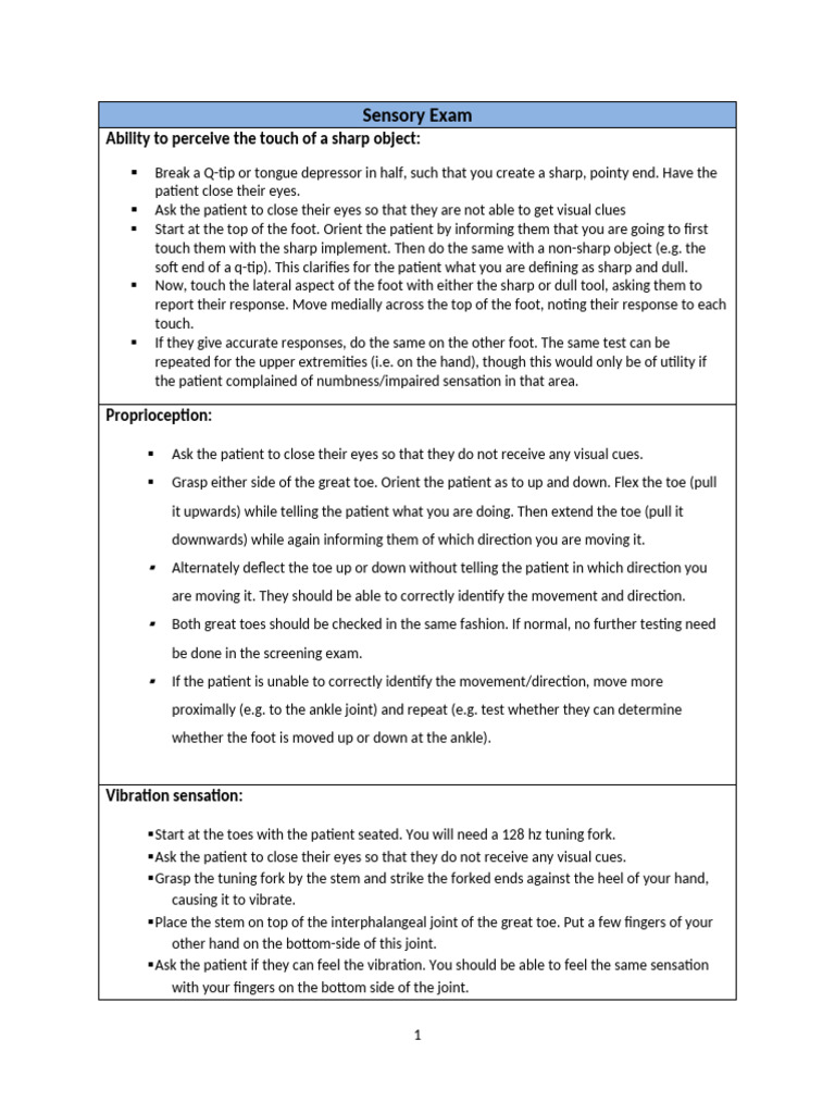 Sensory Exam Checklist | PDF | Perception | Somatosensory System