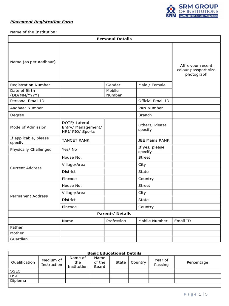 Student Placement Registration Form | PDF