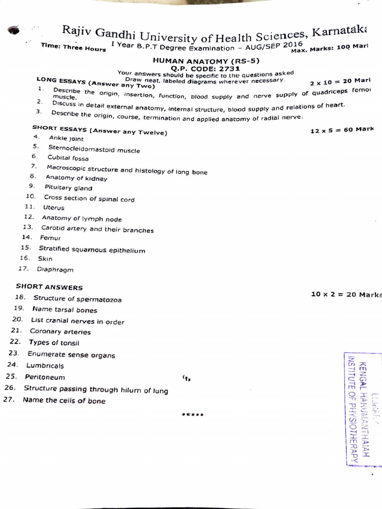 Anatomy Question Paper 2024 BPT 1st Year | PDF | Anatomy | Human Body