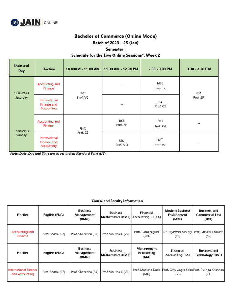 BCom Jan 2023 Sem1 Schedule Week 2 | PDF