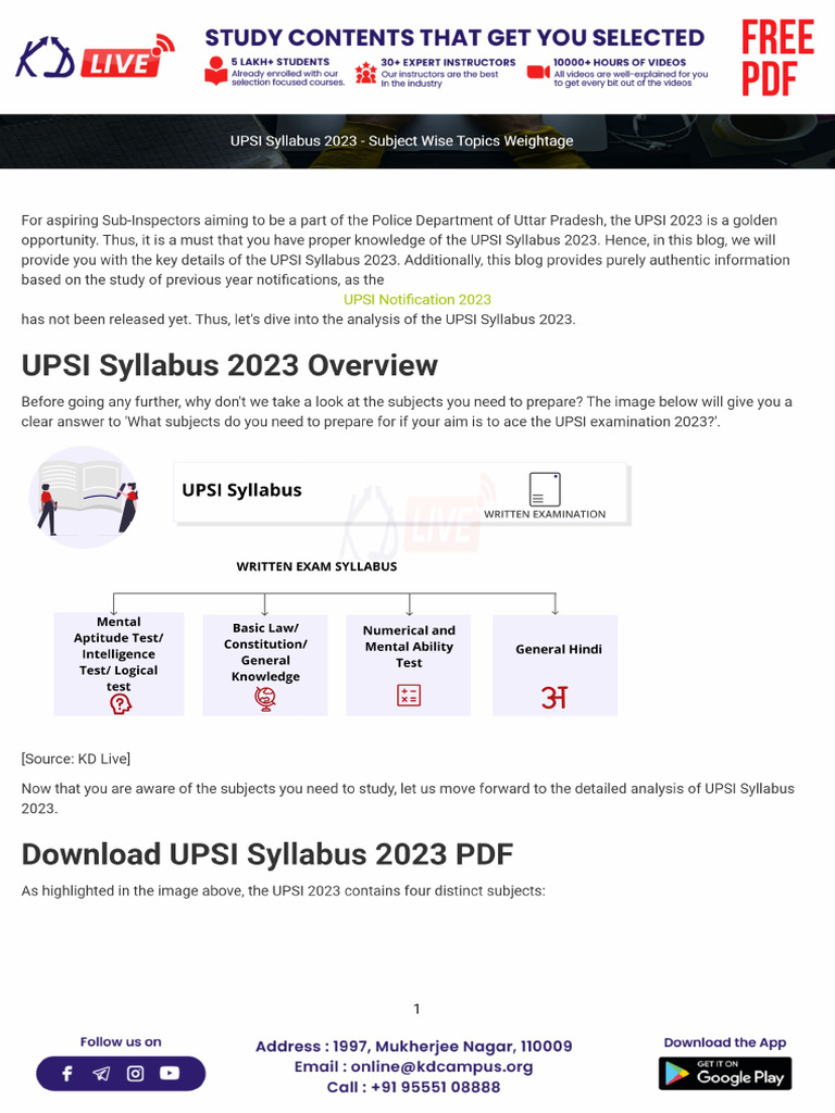 Syllabus Upsi Syllabus 2023 Subject Wise Topics Weightage | PDF