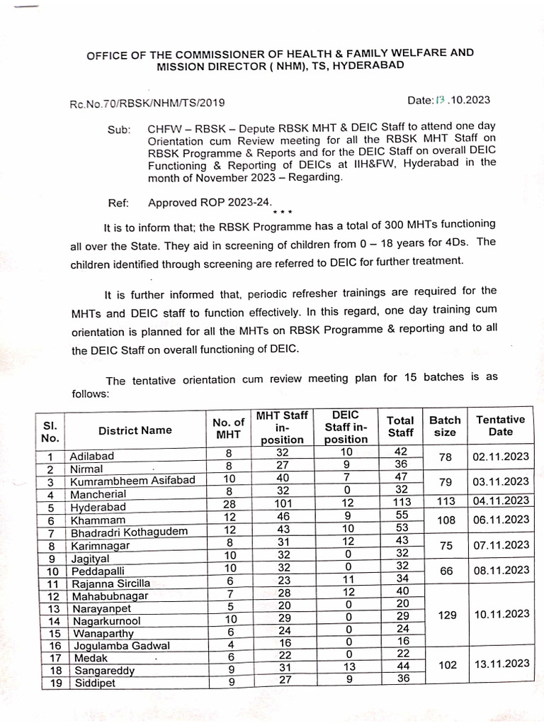 RBSK - MHTs & DEIC Staff Training Cum Review Meeting Schedule | PDF