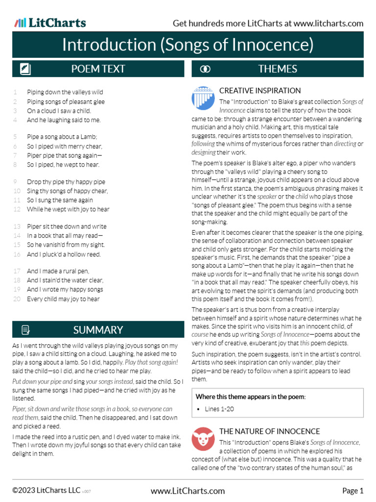 LitCharts Introduction Songs of Innocence | PDF | Lamb Of God | Poetry